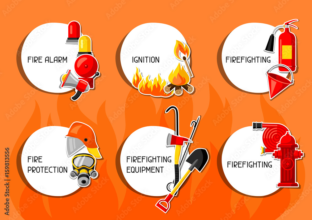 Stickers with firefighting items. Fire protection equipment Stock ...
