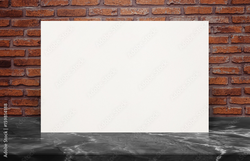 Blank White paper poster on stone table top at old brick wall,Template ...