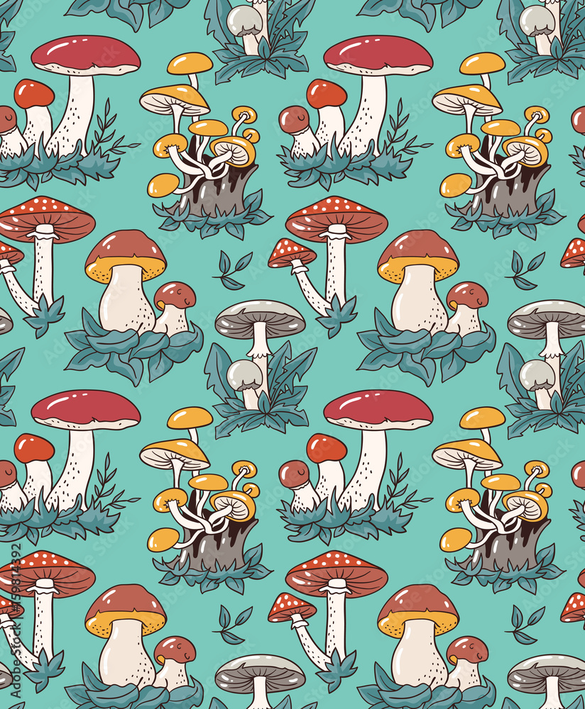 Hand drawn seamless pattern with cartoon mushroom and toadstools ...