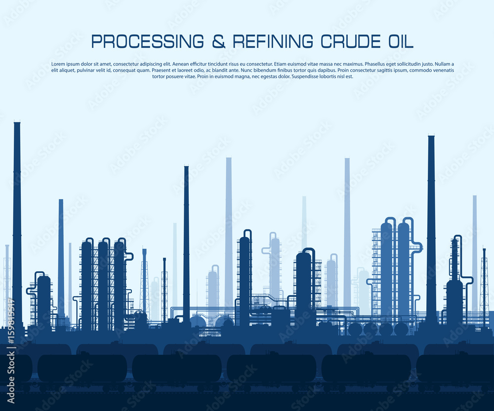 Oil and gas refinery or chemical plant with train tanks. Crude oil ...