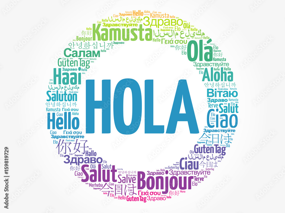 Hola (Hello Greeting in Spanish) word cloud in different languages of ...