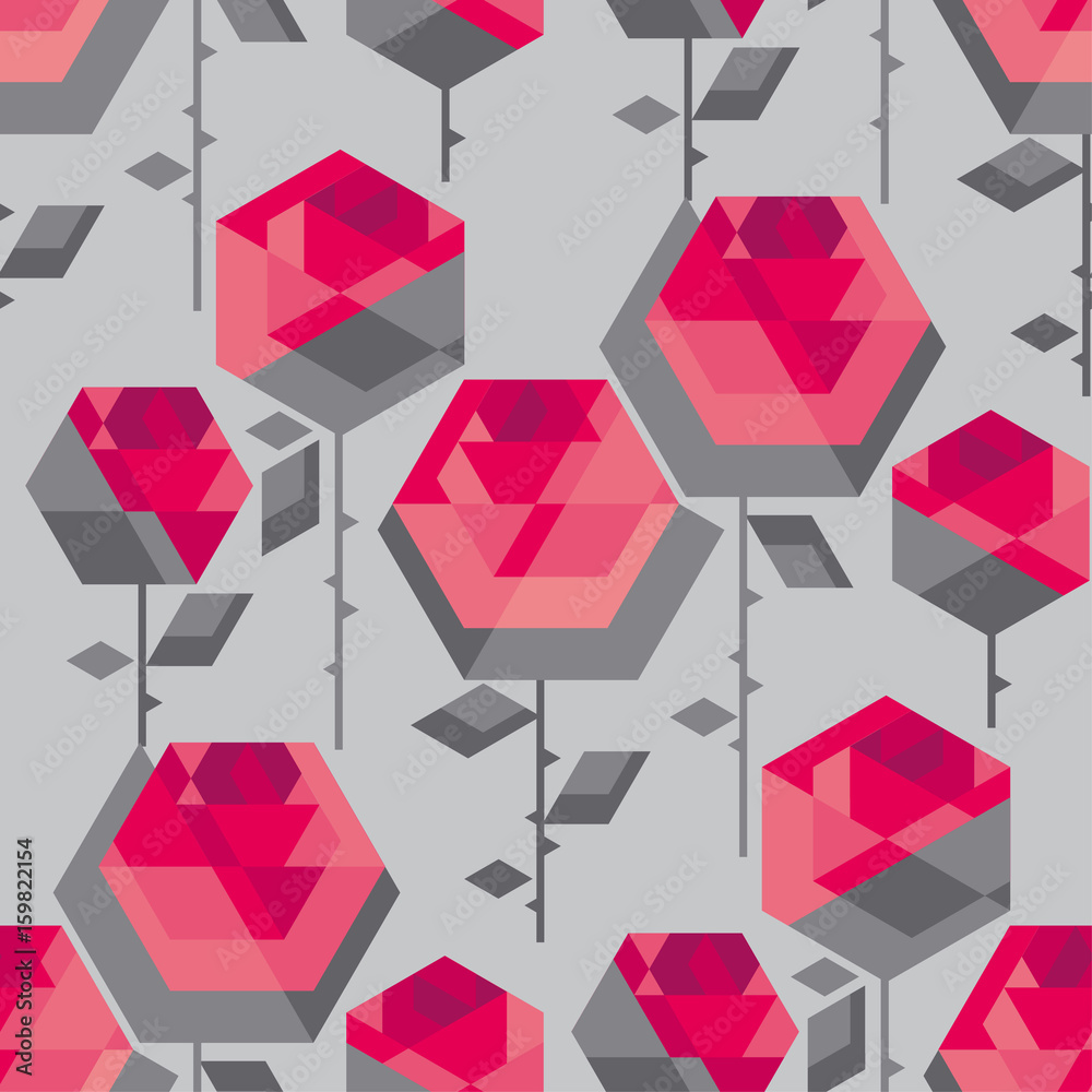 Concept hexagon rose flower vector seamless pattern. Geometry floral ...