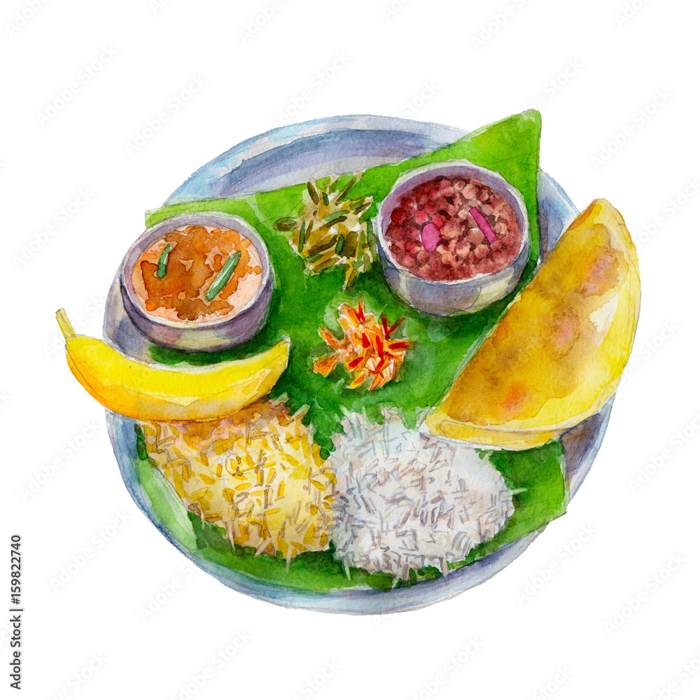 The national indian bengali food on leaf of a banana tree, watercolor ...