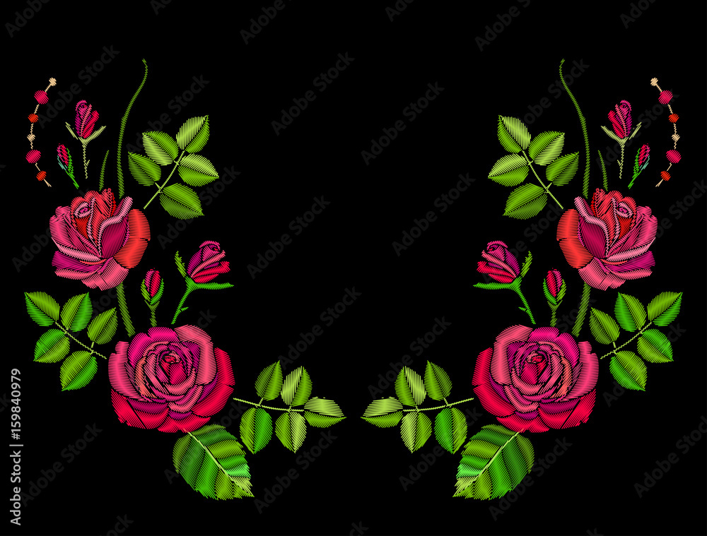 Embroidery red roses symmetrical ornament for decoration of clothes ...