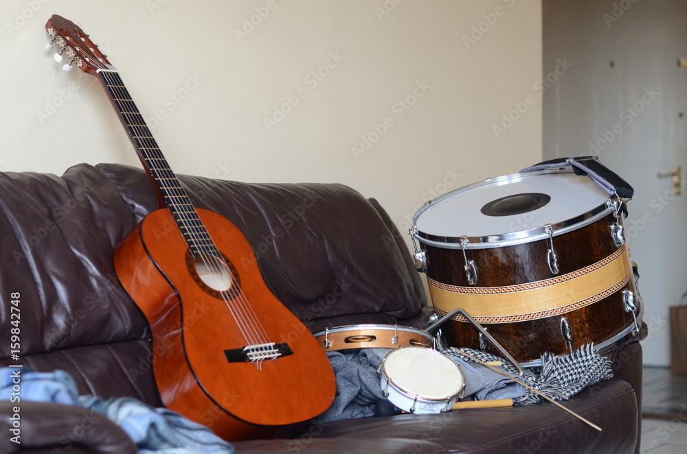 Acoustic Guitar, Tambourine and Zabumba Drum - Set of Instruments in a ...