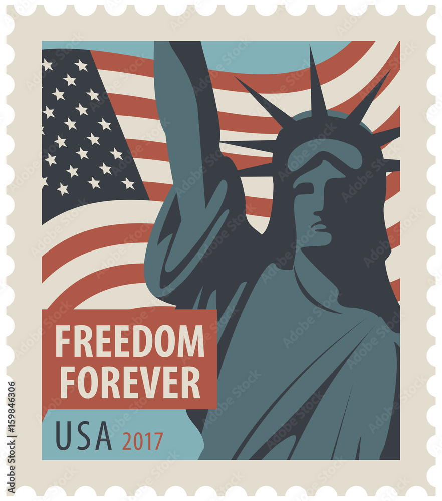 Postage stamp with New York Statue of Liberty, the flag of United ...
