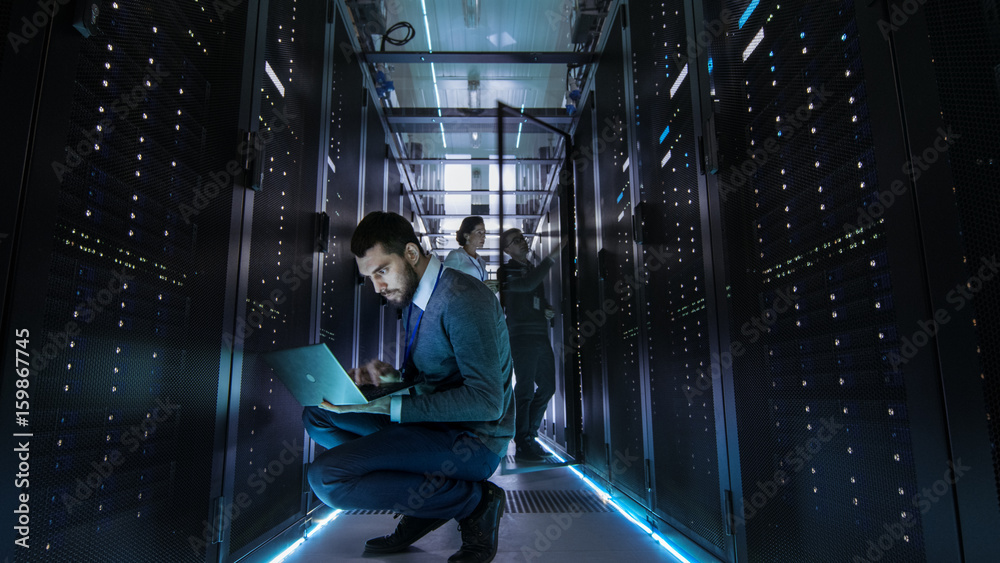 IT Technician Works on Laptop in Big Data Center full of Rack Servers ...