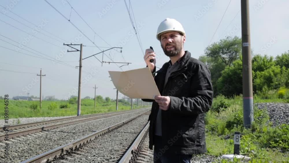 Inspector of railway traffic talking on walkie-talkie. Railway worker ...