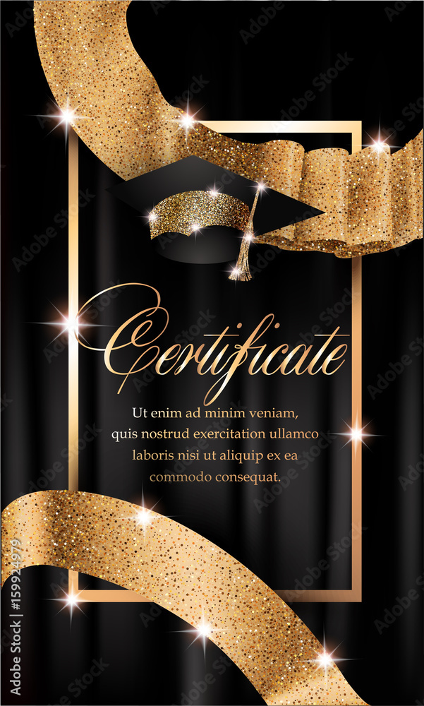 Certificate with gold design elements and curtain on the background ...