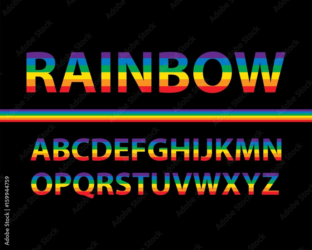 Set of rainbow colored alphabet uppercase letters with black background ...