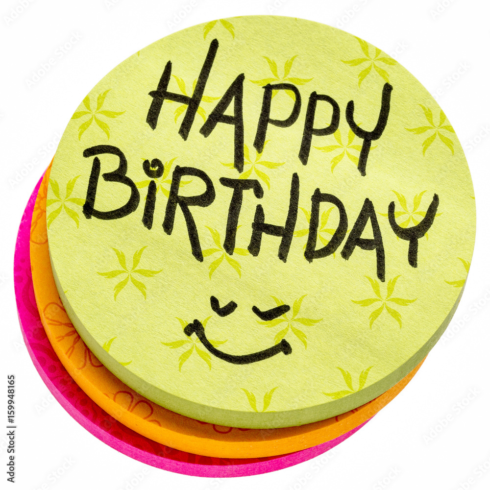 happy birthday on a sticky note Stock Photo | Adobe Stock