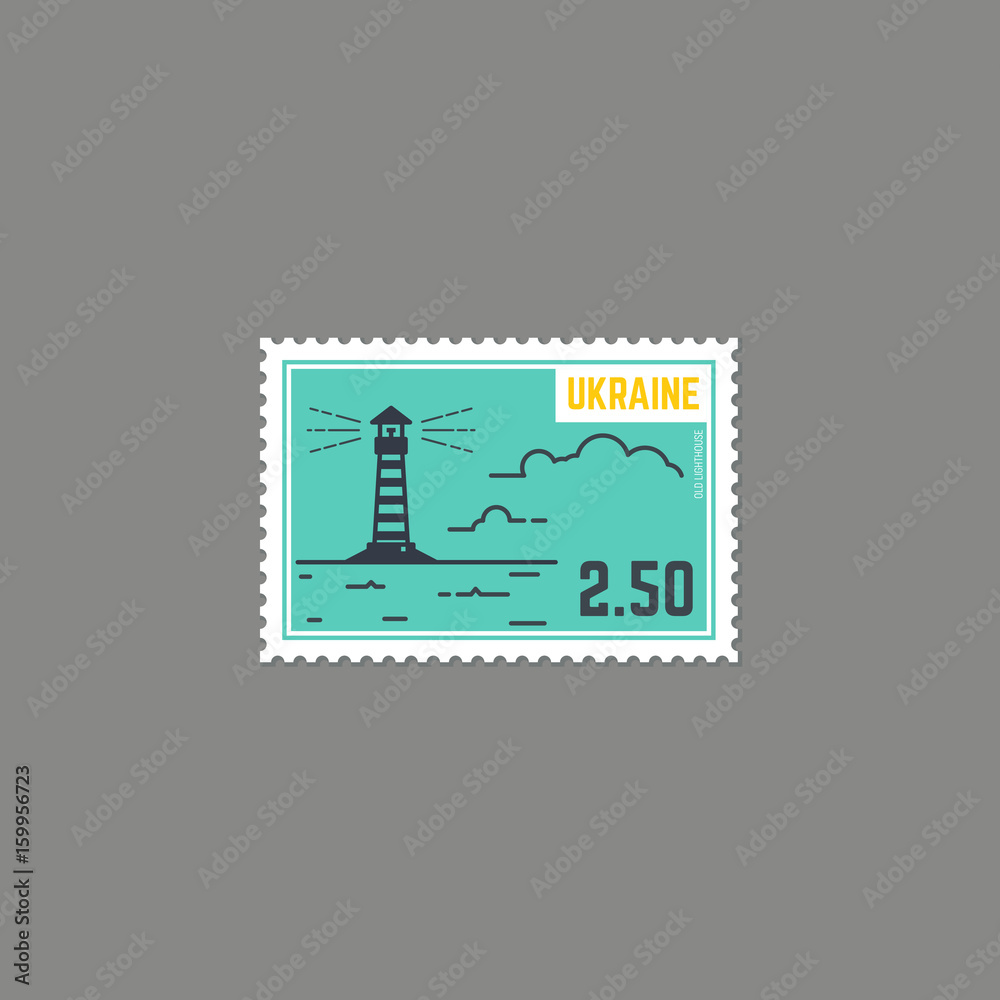 Postage stamp with lighthouse. Sea or ocean view with waves and clouds ...