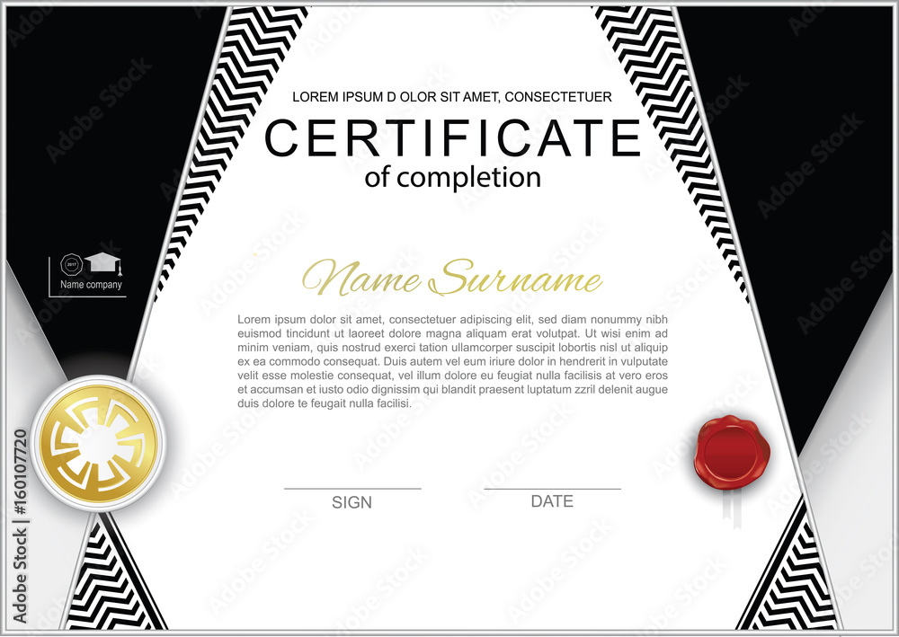 Black white official certificate with striped design elements and wafer ...