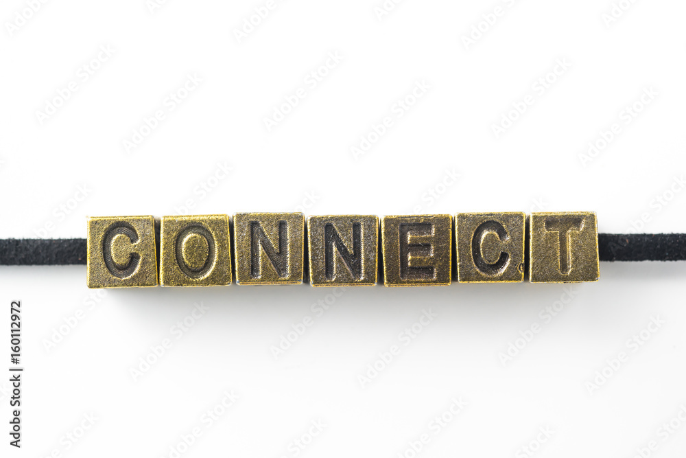 Design concept - top view of metal cube word " connect " link with line ...