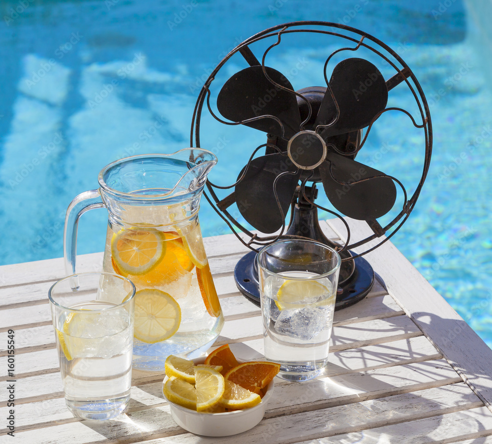 Hot summer day during a heat wave. A jar of refreshing water and a ...