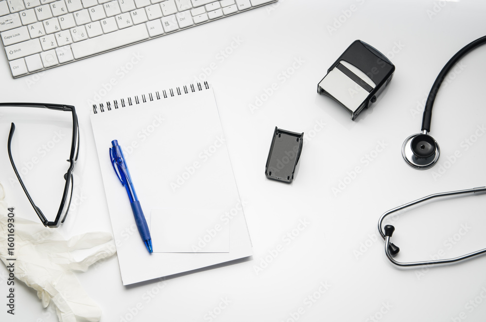Top view of modern, sterile doctors office desk. Medical accessories ...