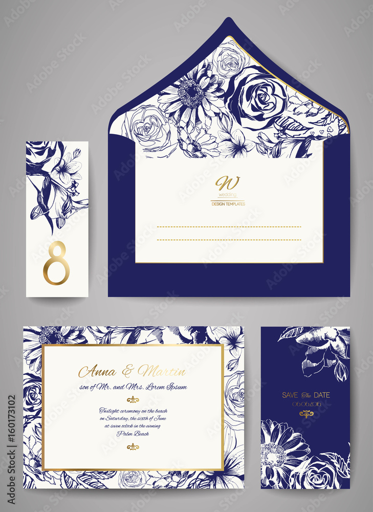 Set of Template wedding invitation and envelope with hand drawn floral ...
