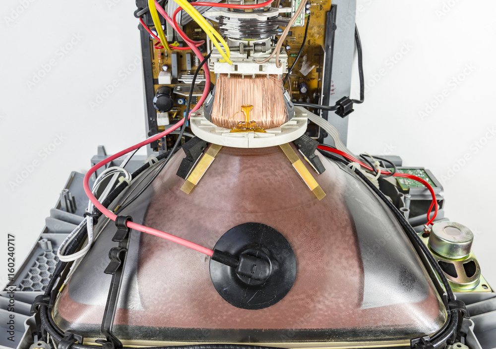 inside of a TV set, CRT, Deflection coil and yoke, EHT cable, speaker ...