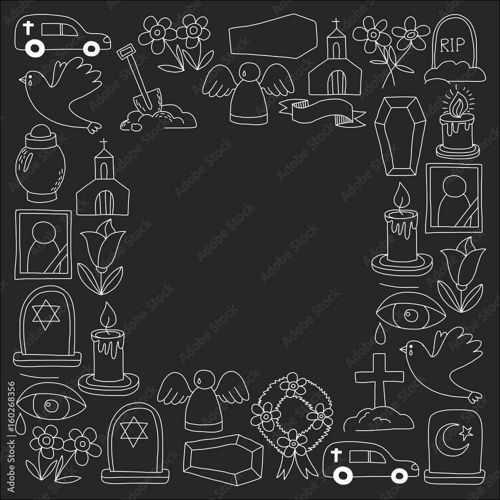 Funeral thin line icon. Set of funeral objects Doodle vector icons RIP ...