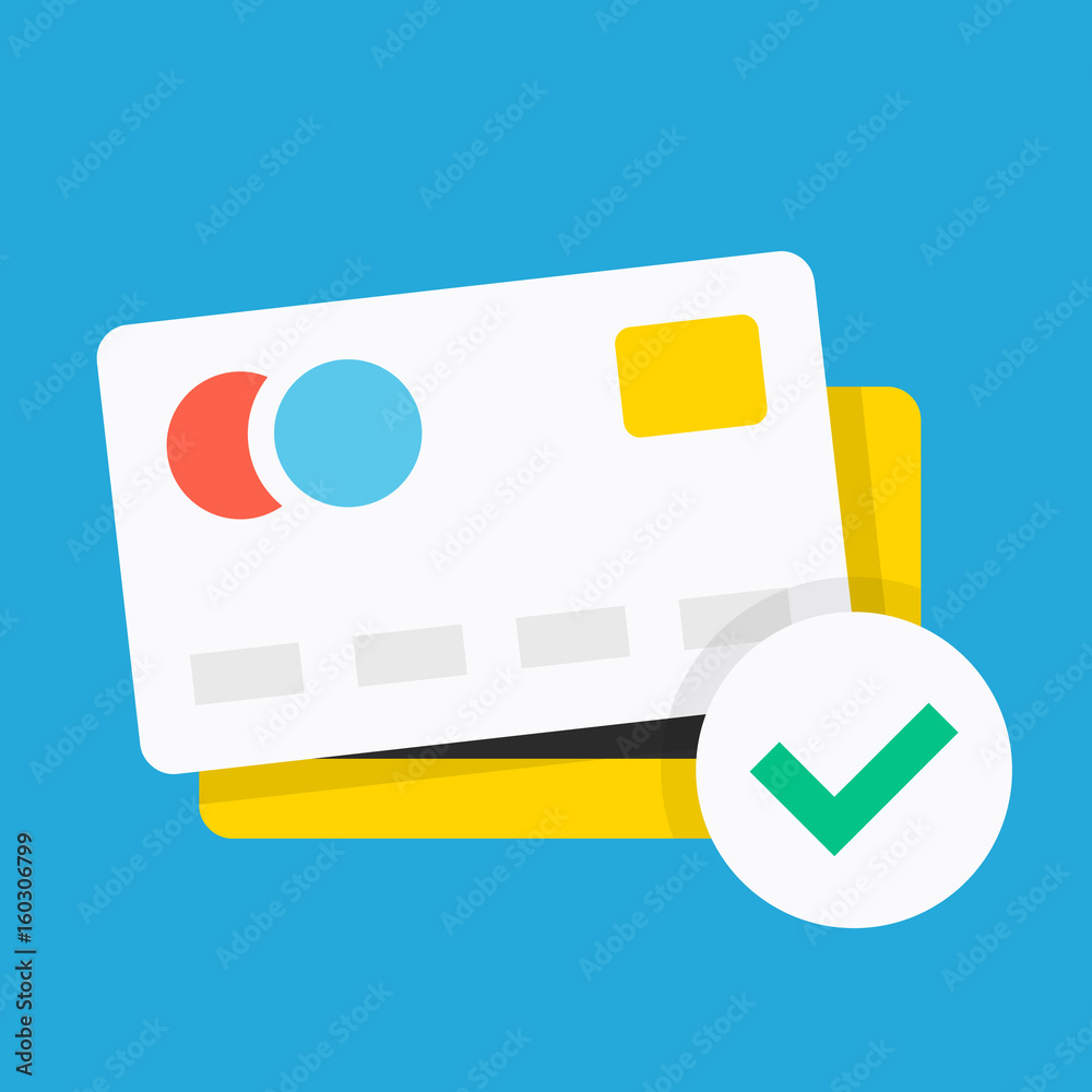 Credit card icon with green check mark. Flat design vector icon Stock ...