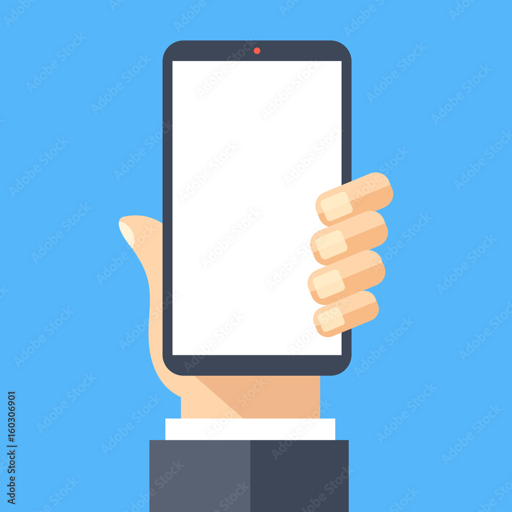 Hand holding black smartphone with white screen. Mobile phone ...