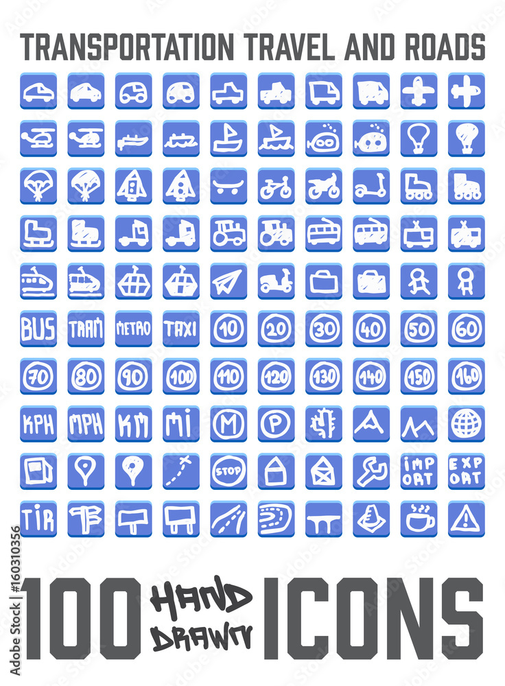 Set of 100 Transportation themed hand drawn / doodled icons. You can ...