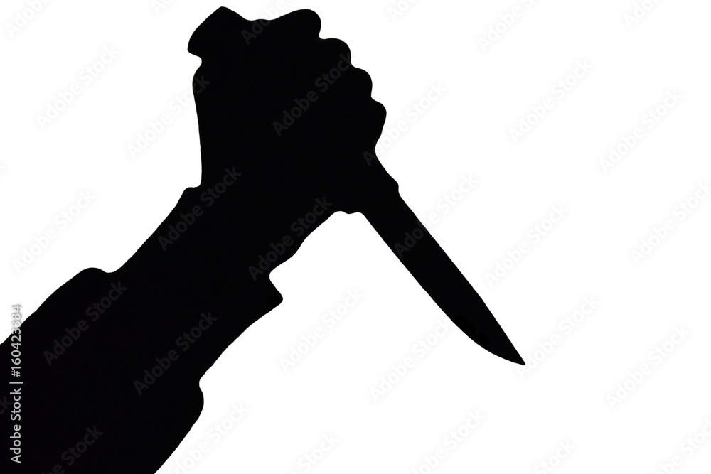 Isolated human hand with killing knife silhouette (shadow) on white ...