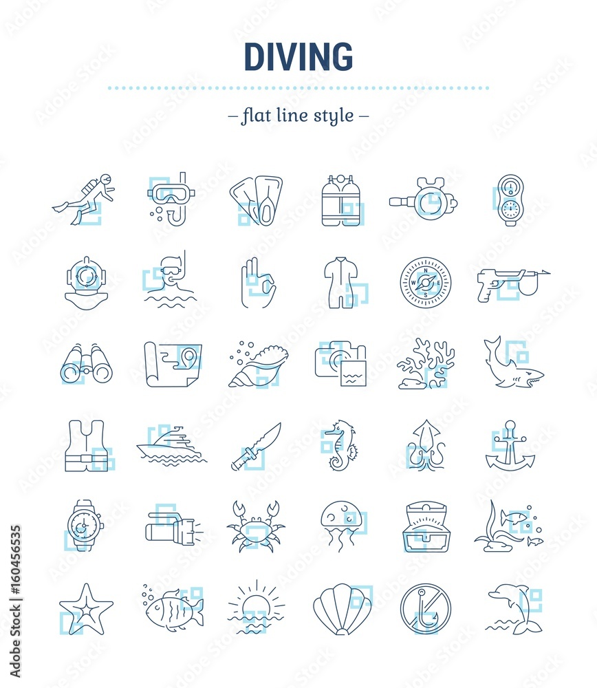 Vector graphic set.Isolated Icons in flat, contour, thin, minimal and ...