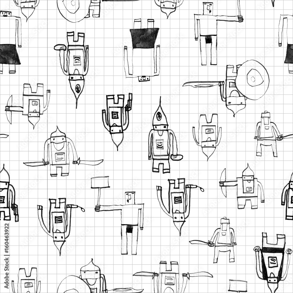 Hero seamless pattern. Good-looking child's drawing with school pen ...