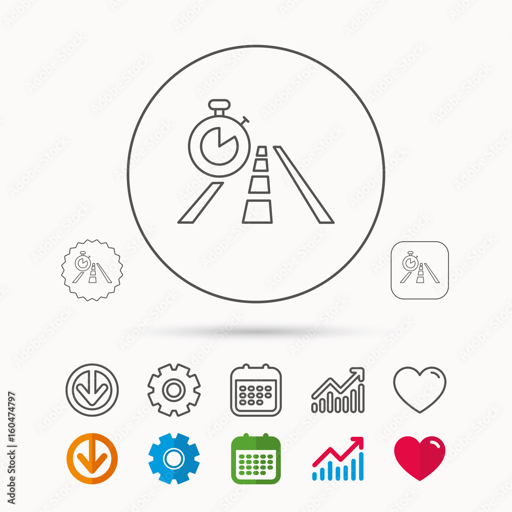 Travel time icon. Road with timer sign. Calendar, Graph chart and ...