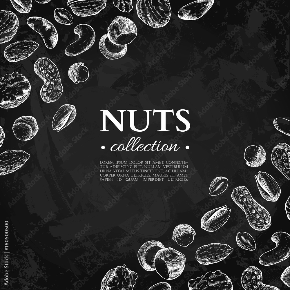 Nuts vector vintage frame illustration. Hand drawn chalkboard fo Stock ...