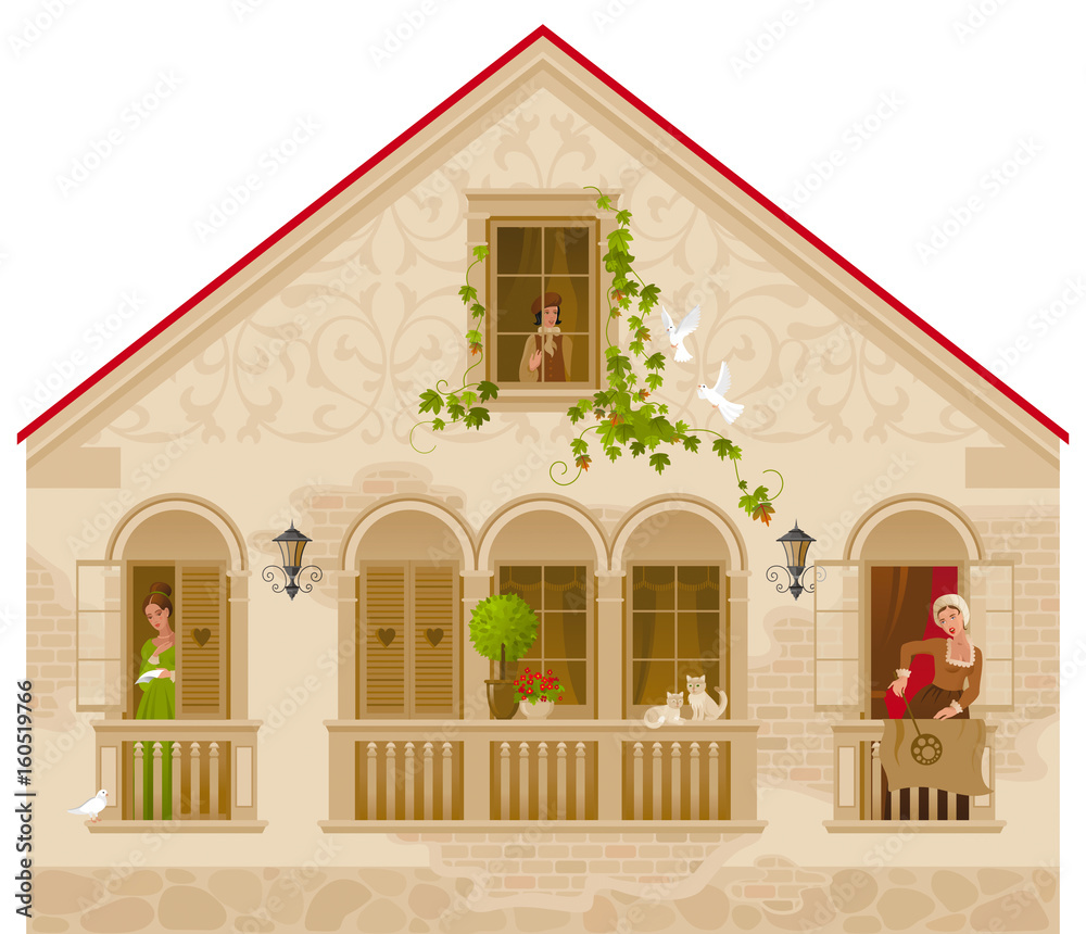 Retro stone house with people in windows, vector illustration. Vintage ...