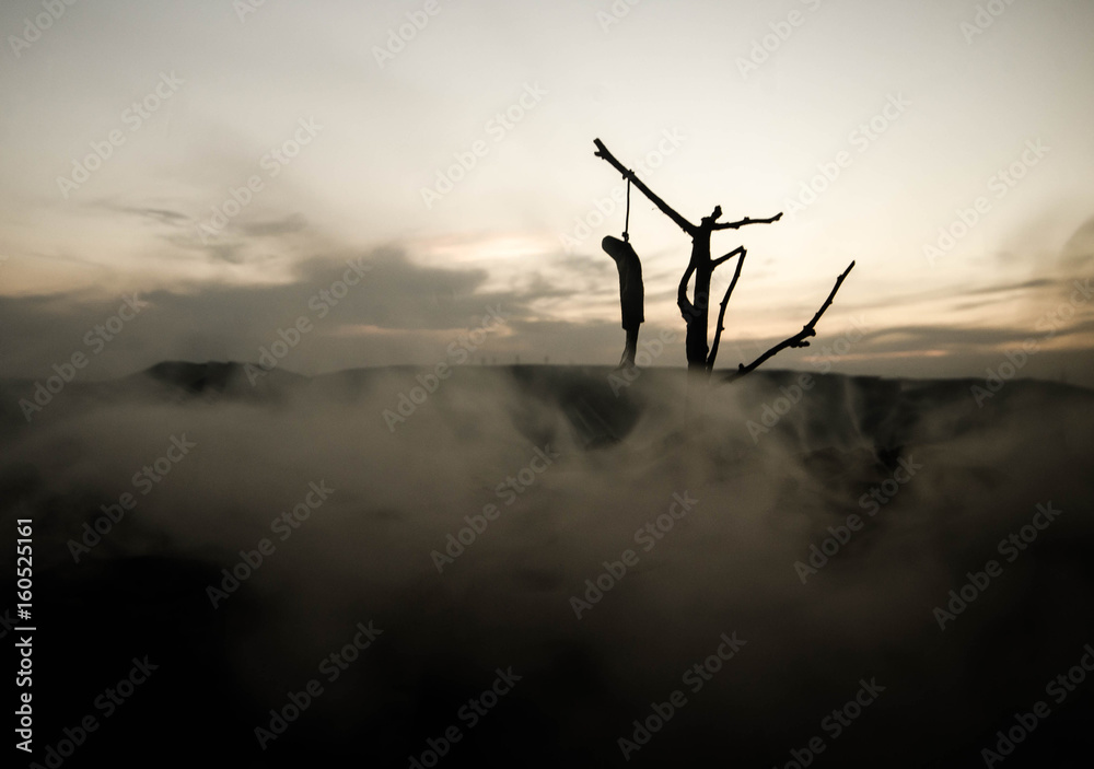Horror view of hanged girl on tree at evening (at night) Suicide ...