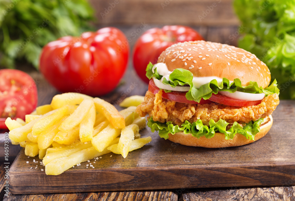 chicken burger with french fries Stock Photo | Adobe Stock