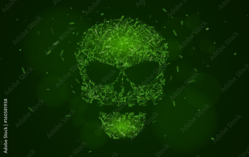 Abstract glowing skull of green color from the symbols. Tags of ...