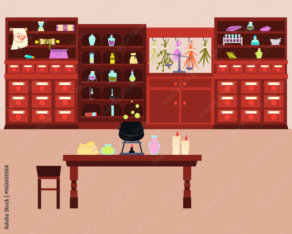 Old Magic Laboratory with potions and a cauldron. Fantasy interior ...