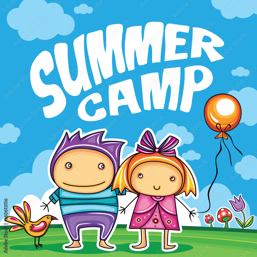 Colorful floral poster with little children boy and girl, bird, baloon ...