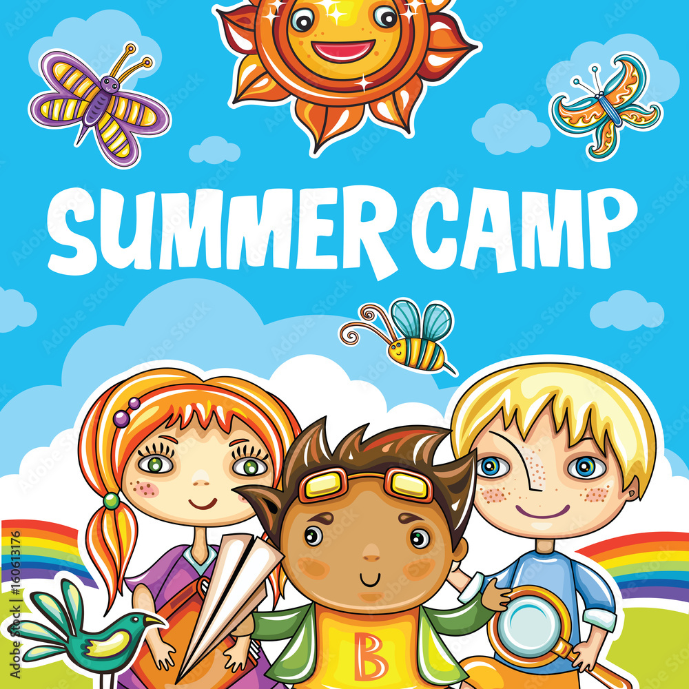 Colorful floral poster with little children friends, book, magnifying ...