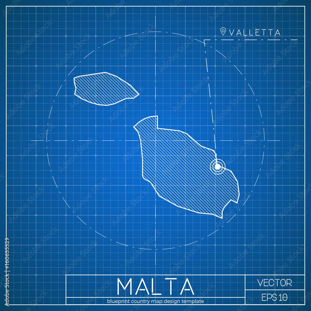 Malta blueprint map template with capital city. Valletta marked on ...