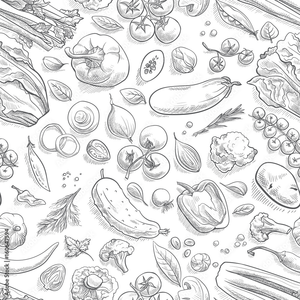 Seamless pattern with sketch of vegetables and spices. Stock Vector ...