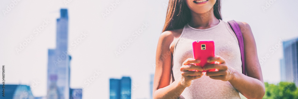 Urban girl texting sms text message on mobile phone app banner with ...