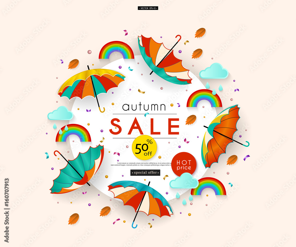 Autumn Sale. Stylized multicolored umbrellas, rain, leaves, clouds ...
