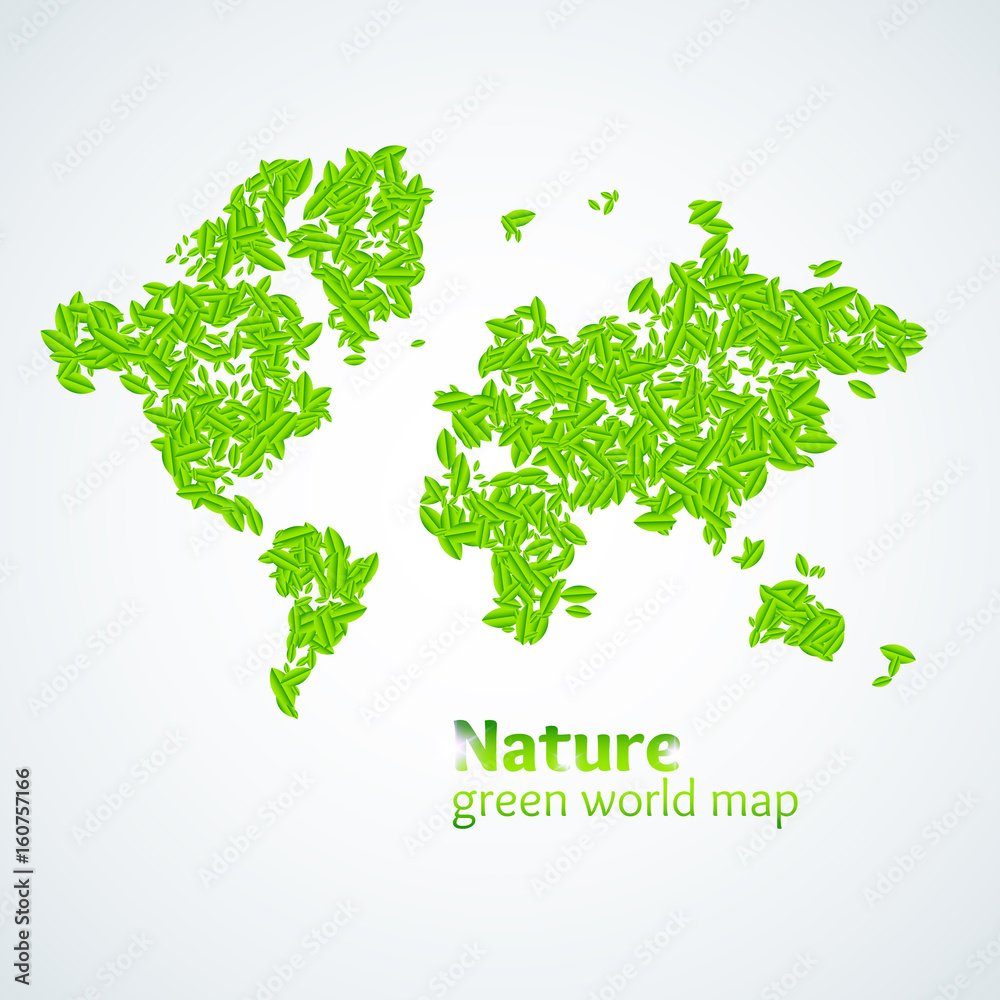 Vector illustration of Nature green map of the world with leaves on a ...