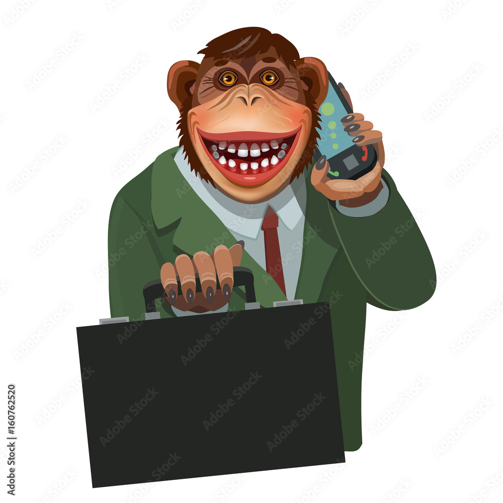 The monkey talking on a cell phone/ The monkey talking on a mobile ...