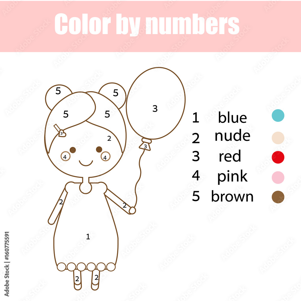 Coloring page with cute girl character. Color by numbers educational ...
