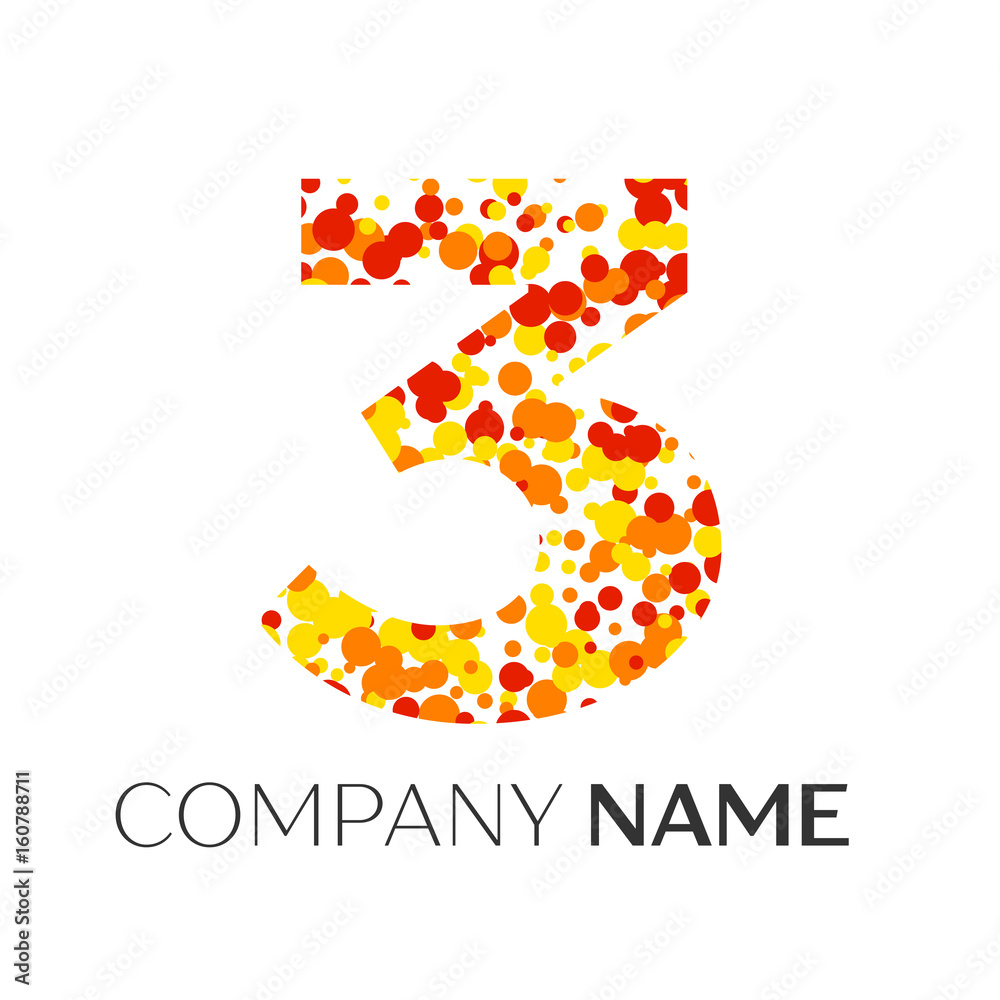 Number three logo with orange, yellow, red particles and bubbles dots ...