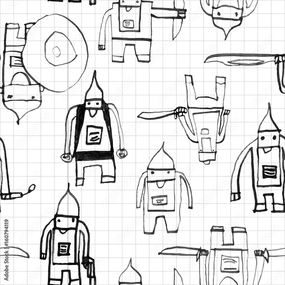 Hero seamless pattern. Pleasing child's drawing with school pen. Cute ...