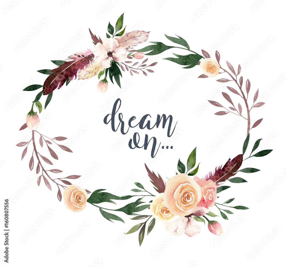 Hand drawing isolated boho watercolor floral illustration with leaves ...