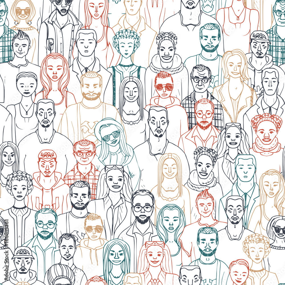Seamless pattern of hand drawn people faces. Vector illustration of ...