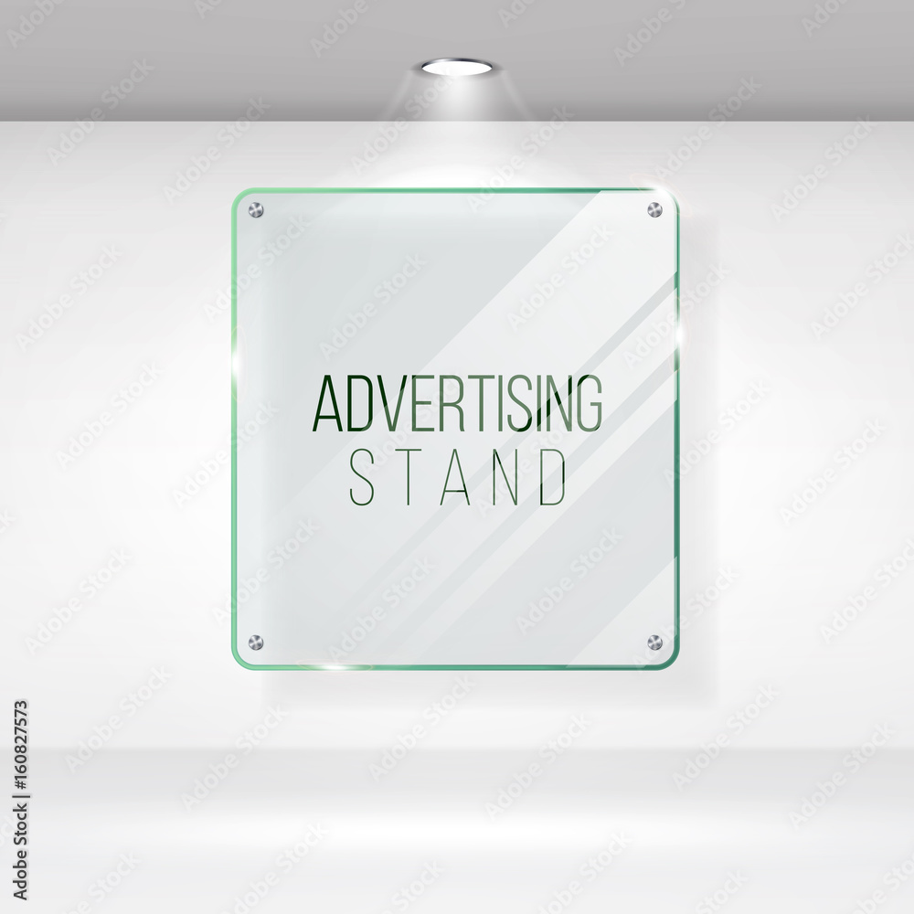 Advertising Stand Glass Vector. Realistic Glass On A Wall With Lights ...